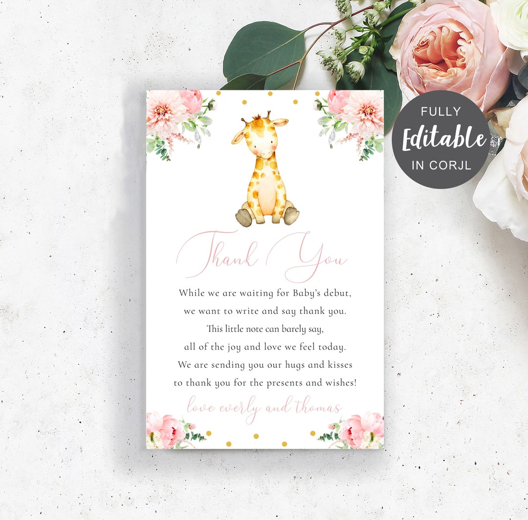 EDITABLE Pink Giraffe Thank You Card, Baby Giraffe Thank You Note ...