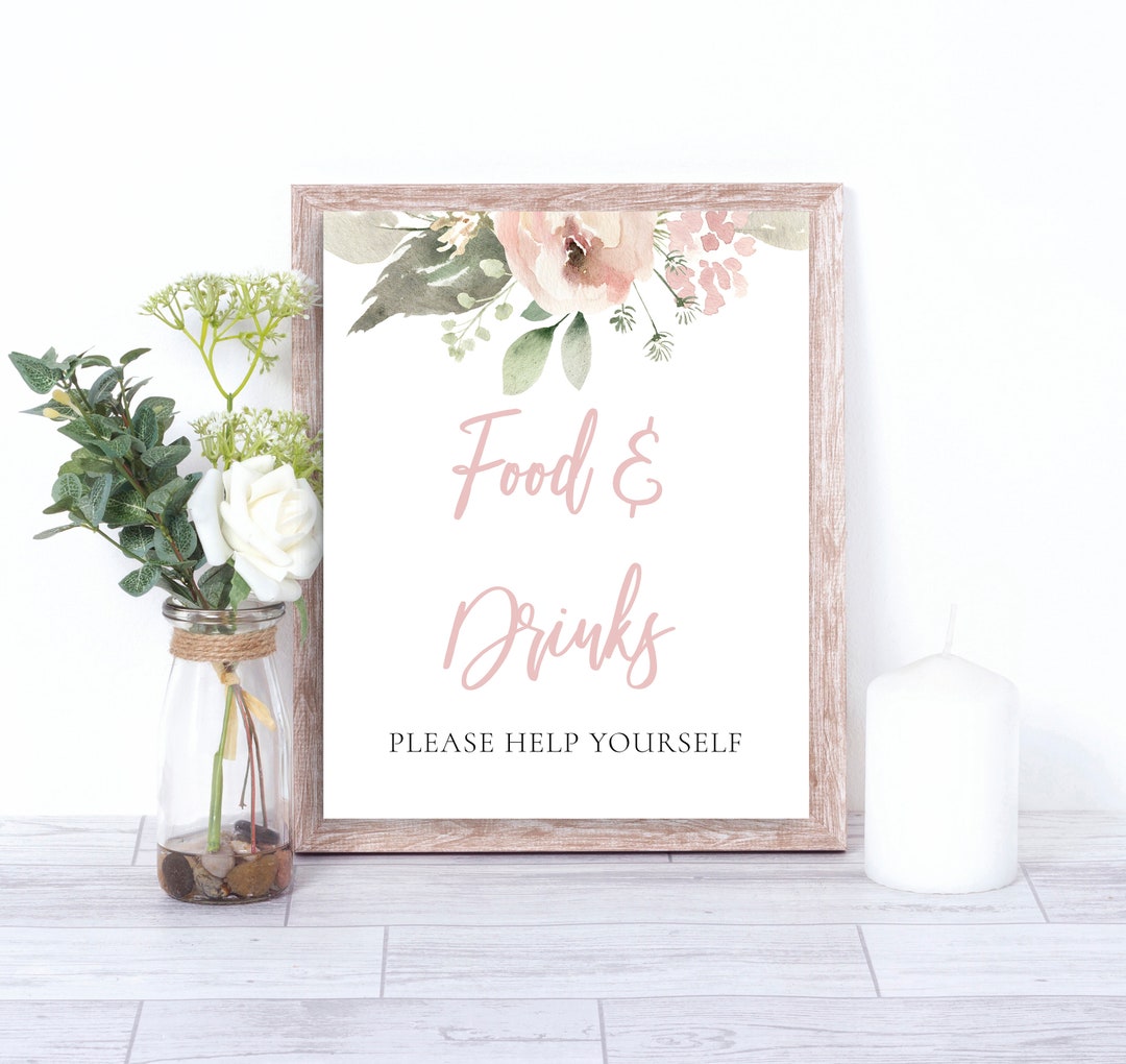 Editable Dusty Pink Food and Drinks Sign, Blush Floral Food Table Sign ...