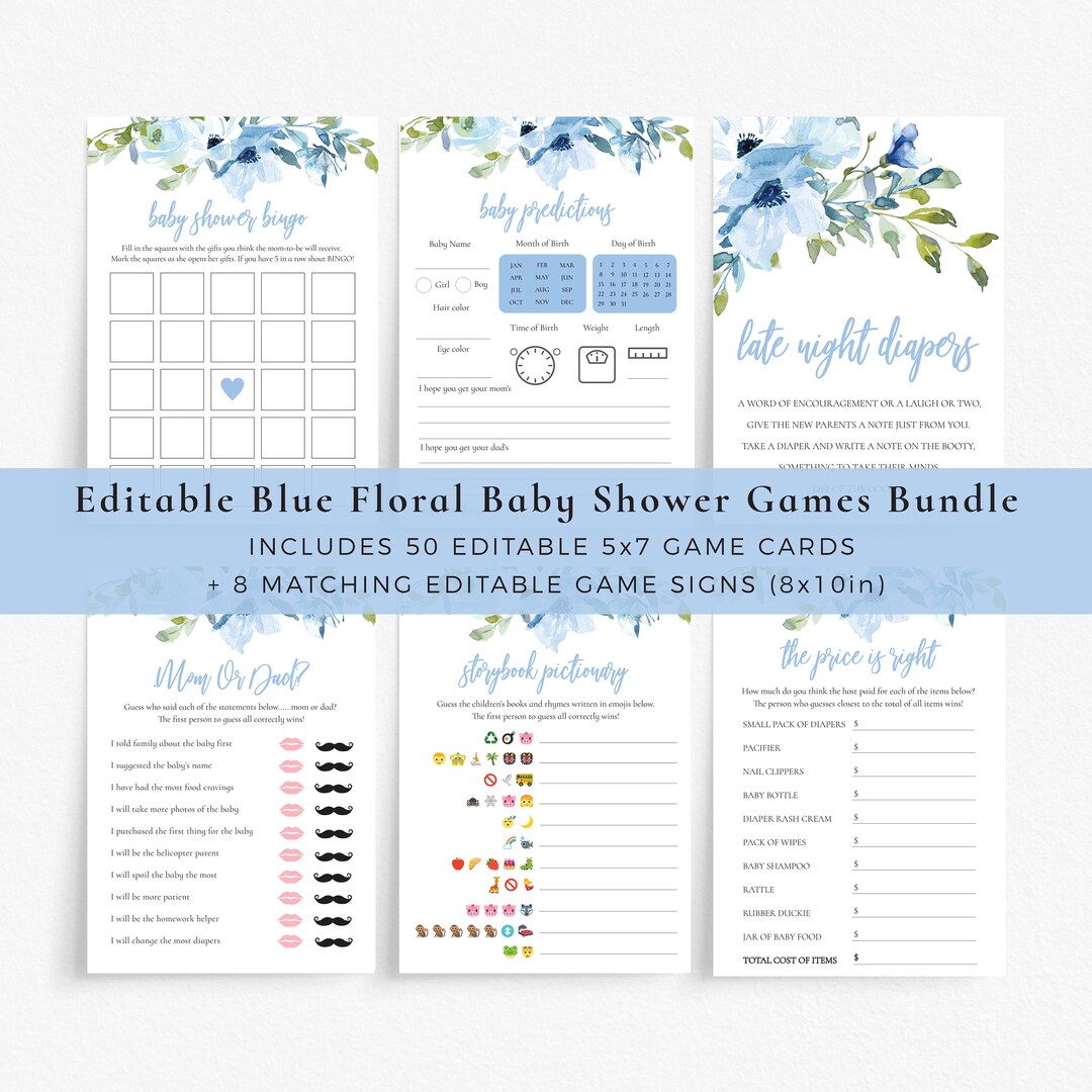 Blue Floral Baby Shower Games, Greenery Baby Shower Games, Boy's ...