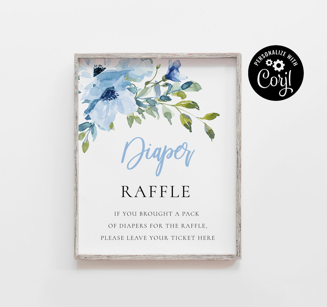 Editable Blue Floral Diaper Raffle, Greenery Diaper Raffle Sign, Floral ...