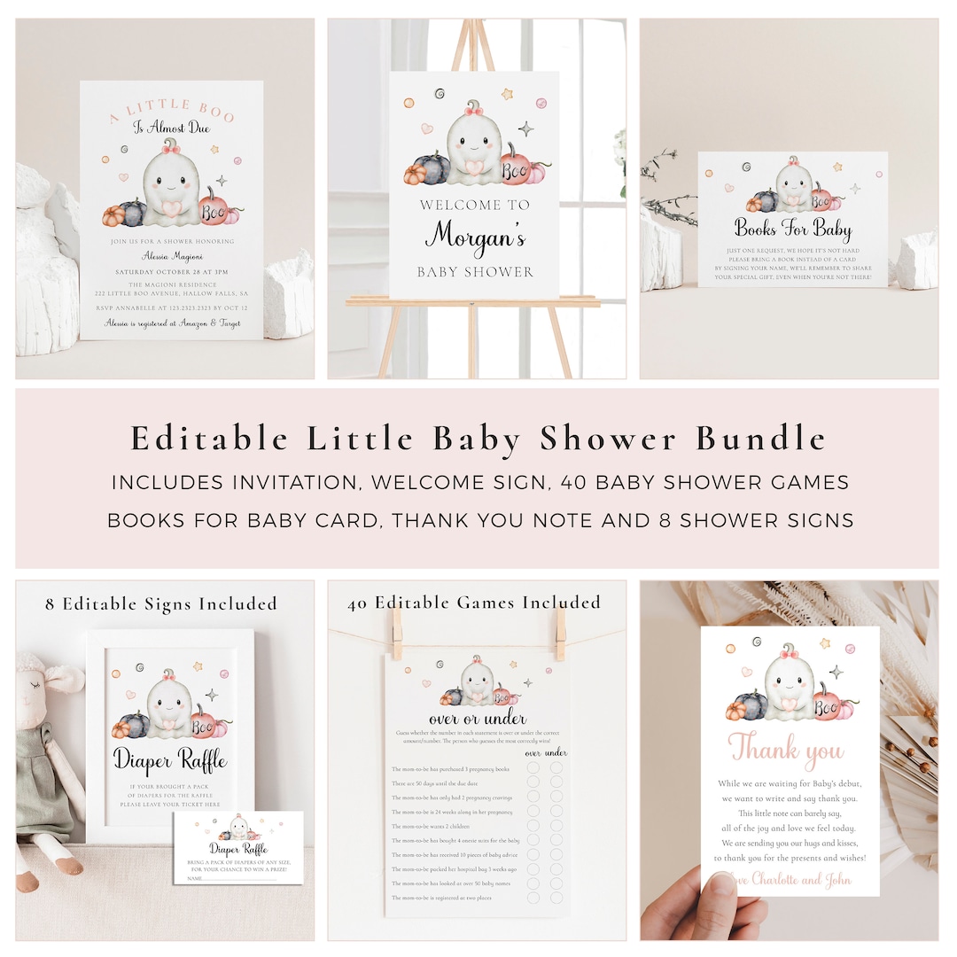 Editable Little Girl Boo Baby Shower Bundle, Halloween Baby Shower Pack ...