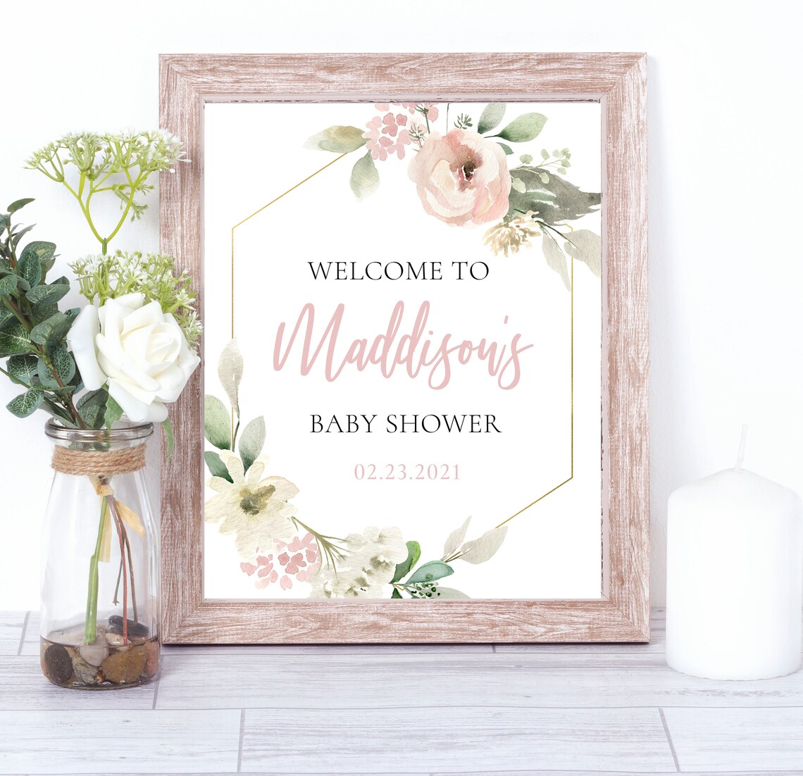Editable Dusty Pink Welcome Sign, Baby Shower Welcome Sign, Floral Baby ...