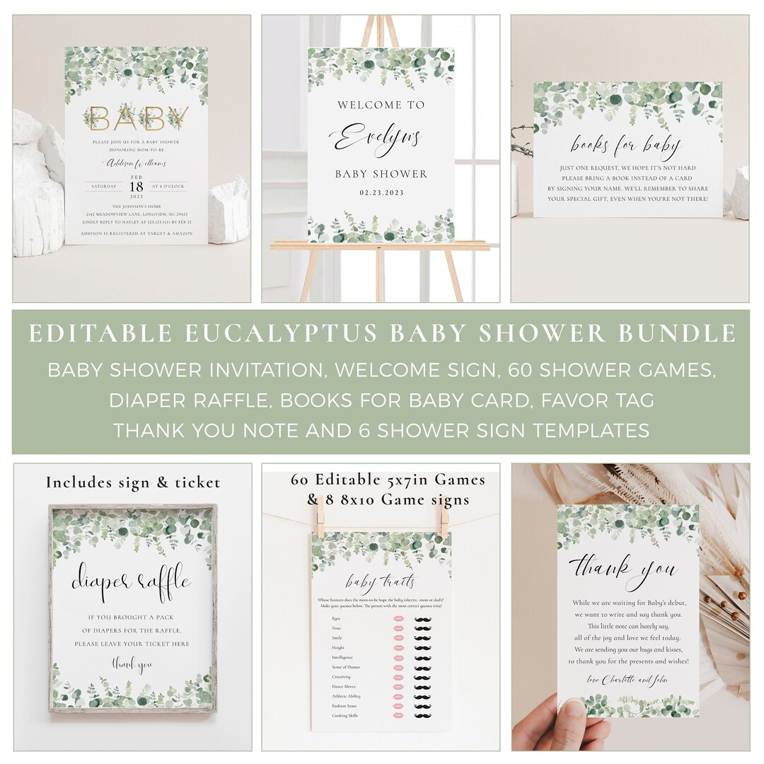Editable Eucalyptus Shower Bundle, Greenery Baby Shower Invitation ...