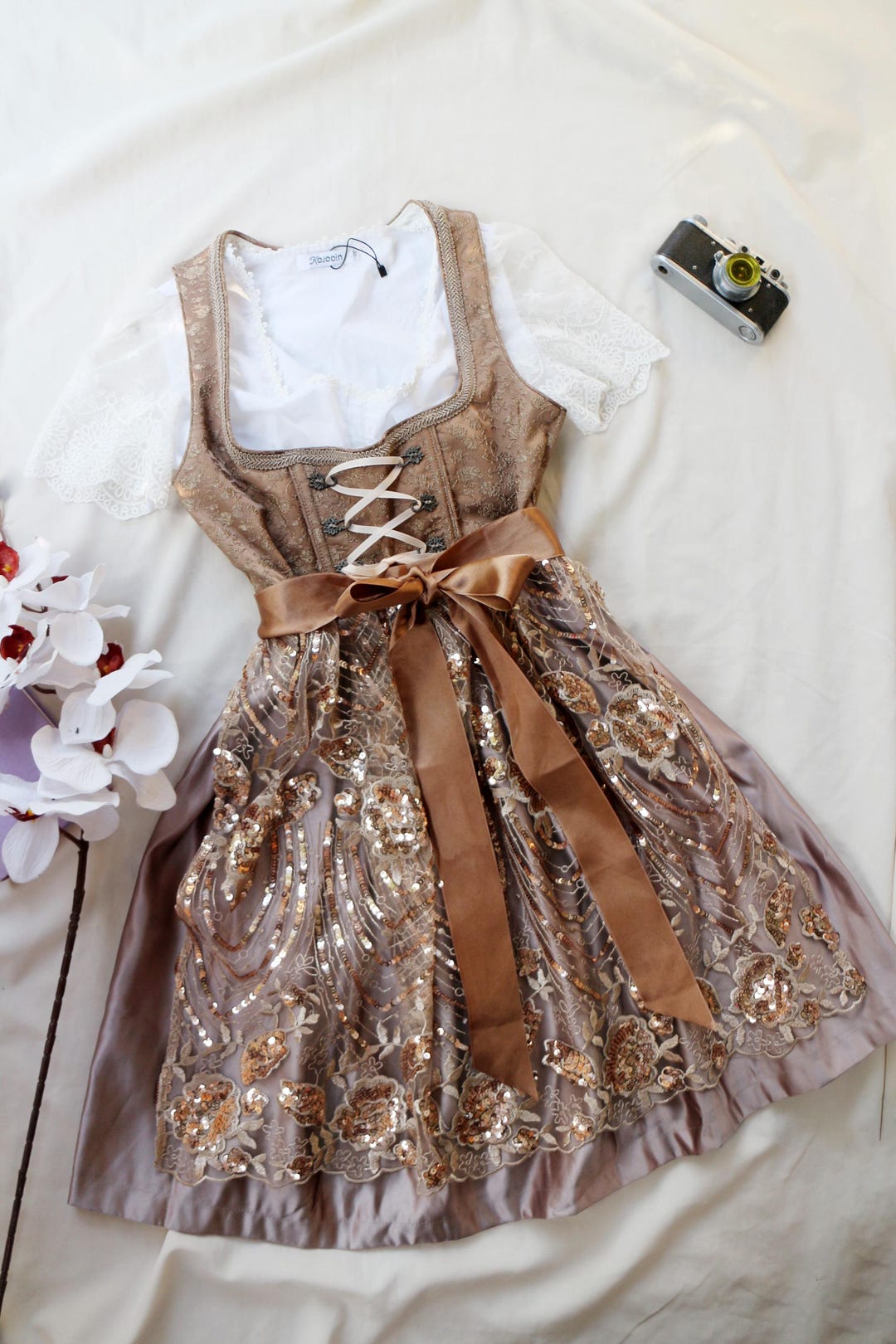Charming Austrian Dirndl Dress ISEAA Size 34 Gold Sequin Lace ...