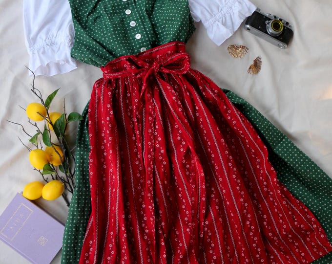 Vintage Dirndl Traditional Austrian Dress Green Polka Dot With White ...