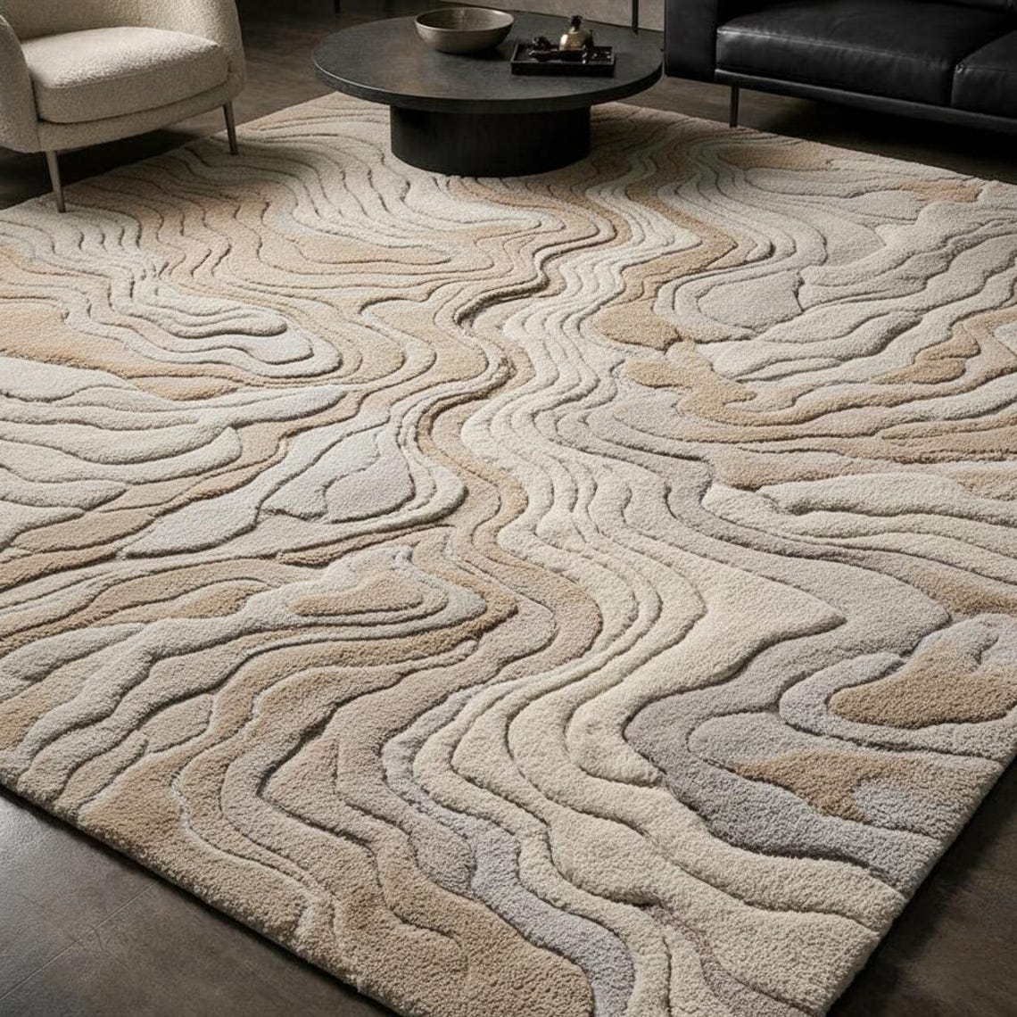Hand Tufted Wool Wave Rug – 3D Topographic Design, Neutral Colors। - Etsy