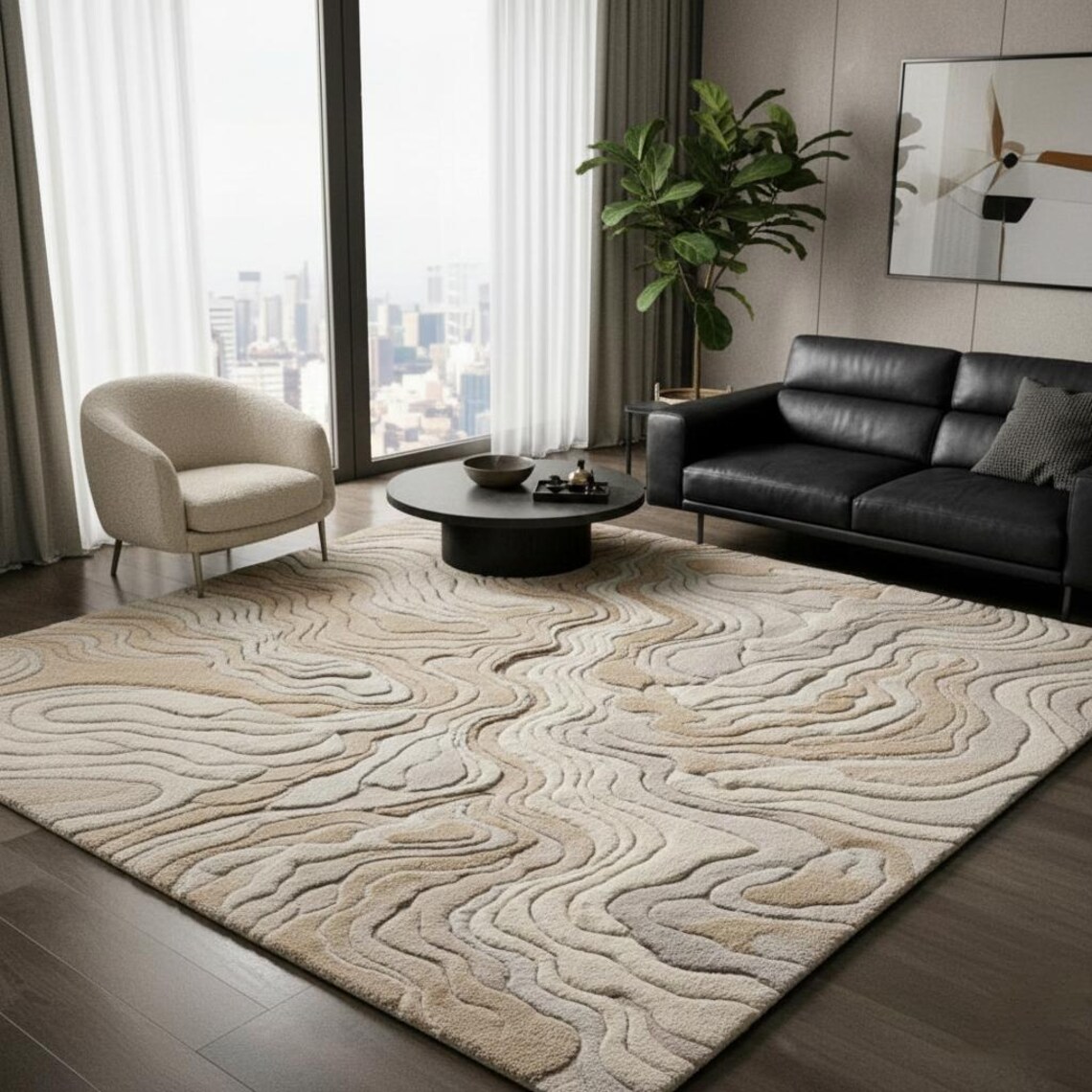 Hand Tufted Wool Wave Rug – 3D Topographic Design, Neutral Colors। - Etsy