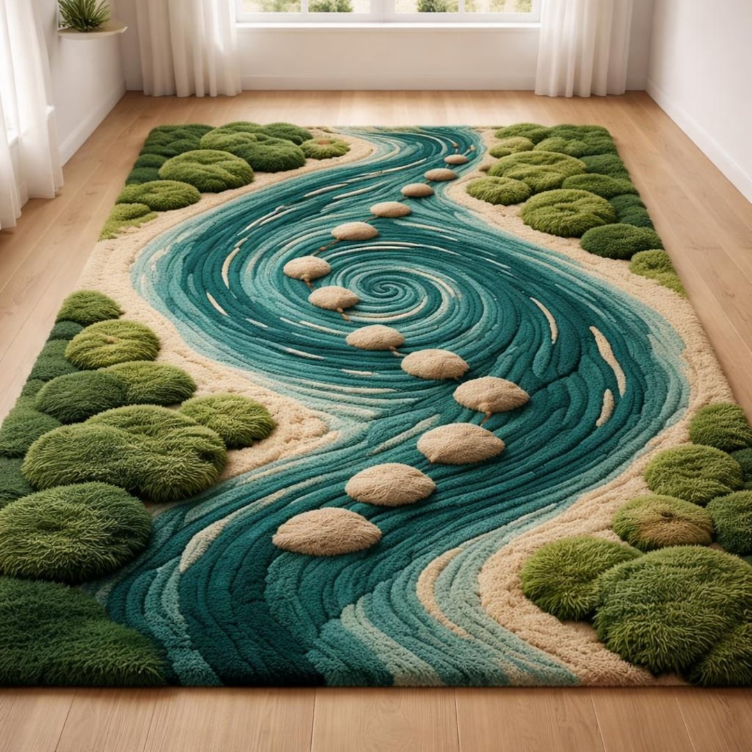 Indian Handmade Tufted River Rug, Nature Inspired Moss Water Design, 3D ...