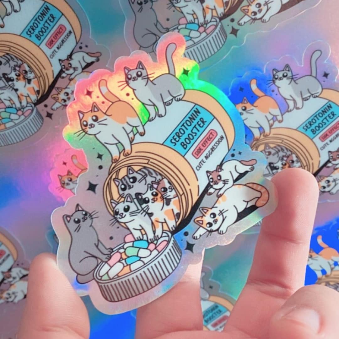Serotonin Booster Cat Sticker – Funny Cat Lover Gift, Cute Holographic ...