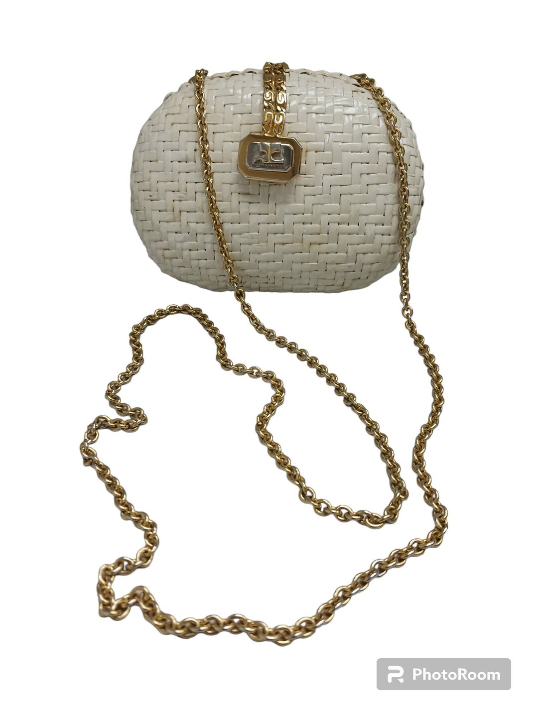 Vtg COURREGES Paris Chain Sling Wicker Rattan Clutch Evening Dinner Bag ...