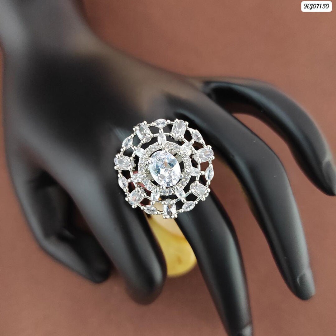 Adjustable Indian American Diamond Silver Plated Ring Big Wedding Ring ...