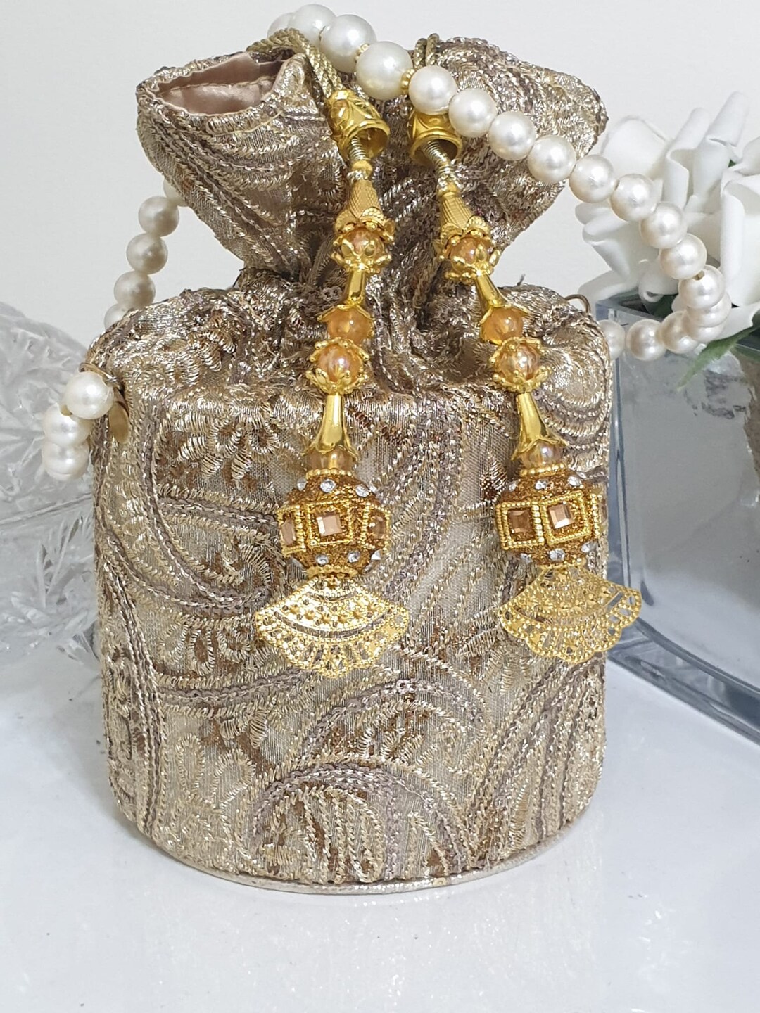 Women's Fancy Bucket Clutch Purse Potli Party Pouch Pearl Drawstring ...