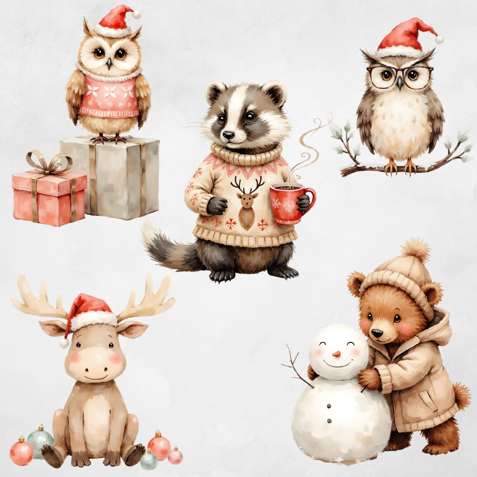 Christmas Woodland Animals Clipart, 15 Watercolor Pngs, Holiday ...