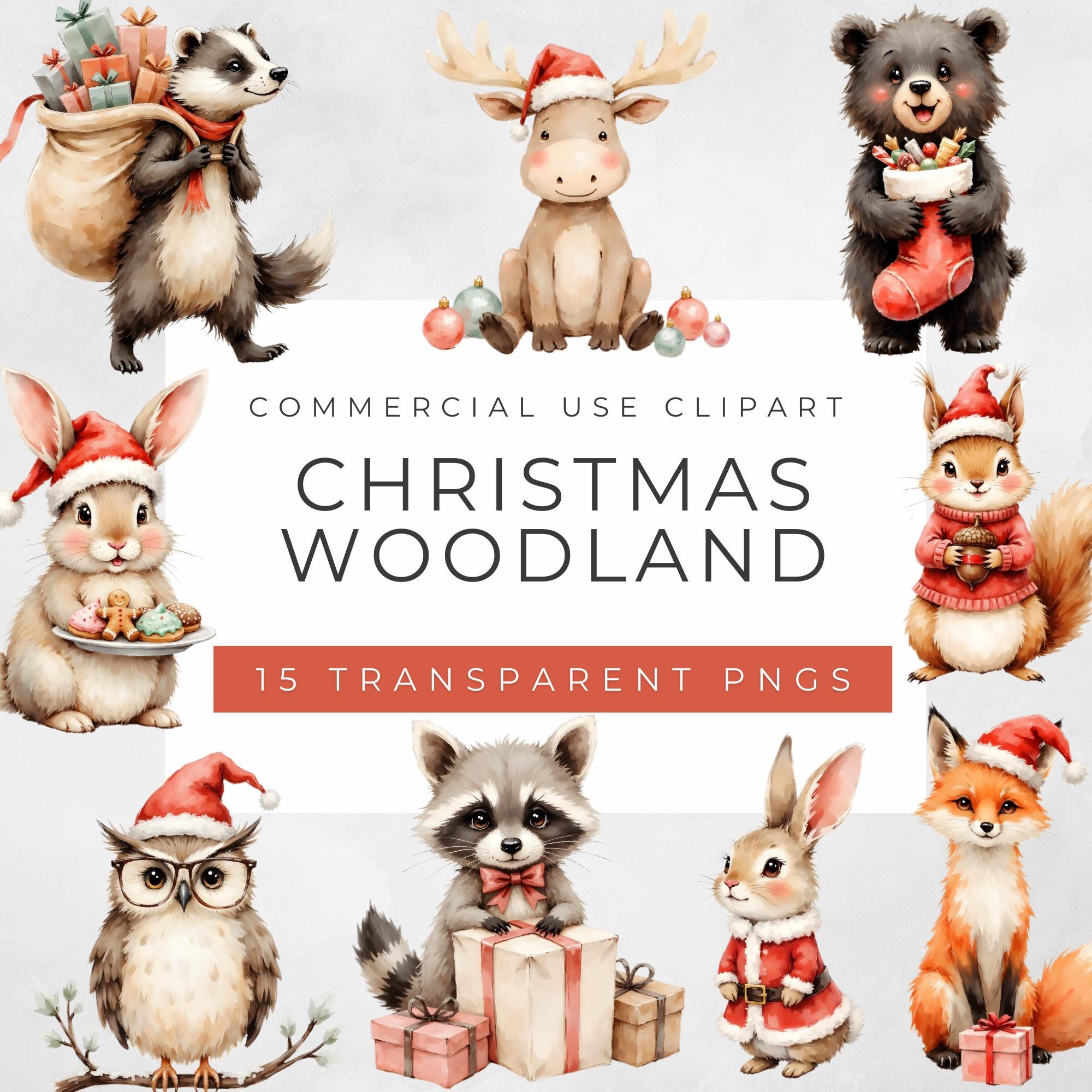 Christmas Woodland Animals Clipart, 15 Watercolor Pngs, Holiday ...