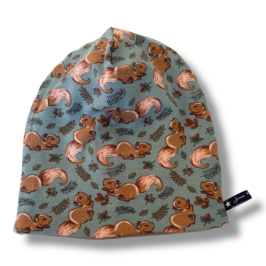 Beanie Hat With Squirrel and Woodland Animal Print, Green, Mint, Brown ...