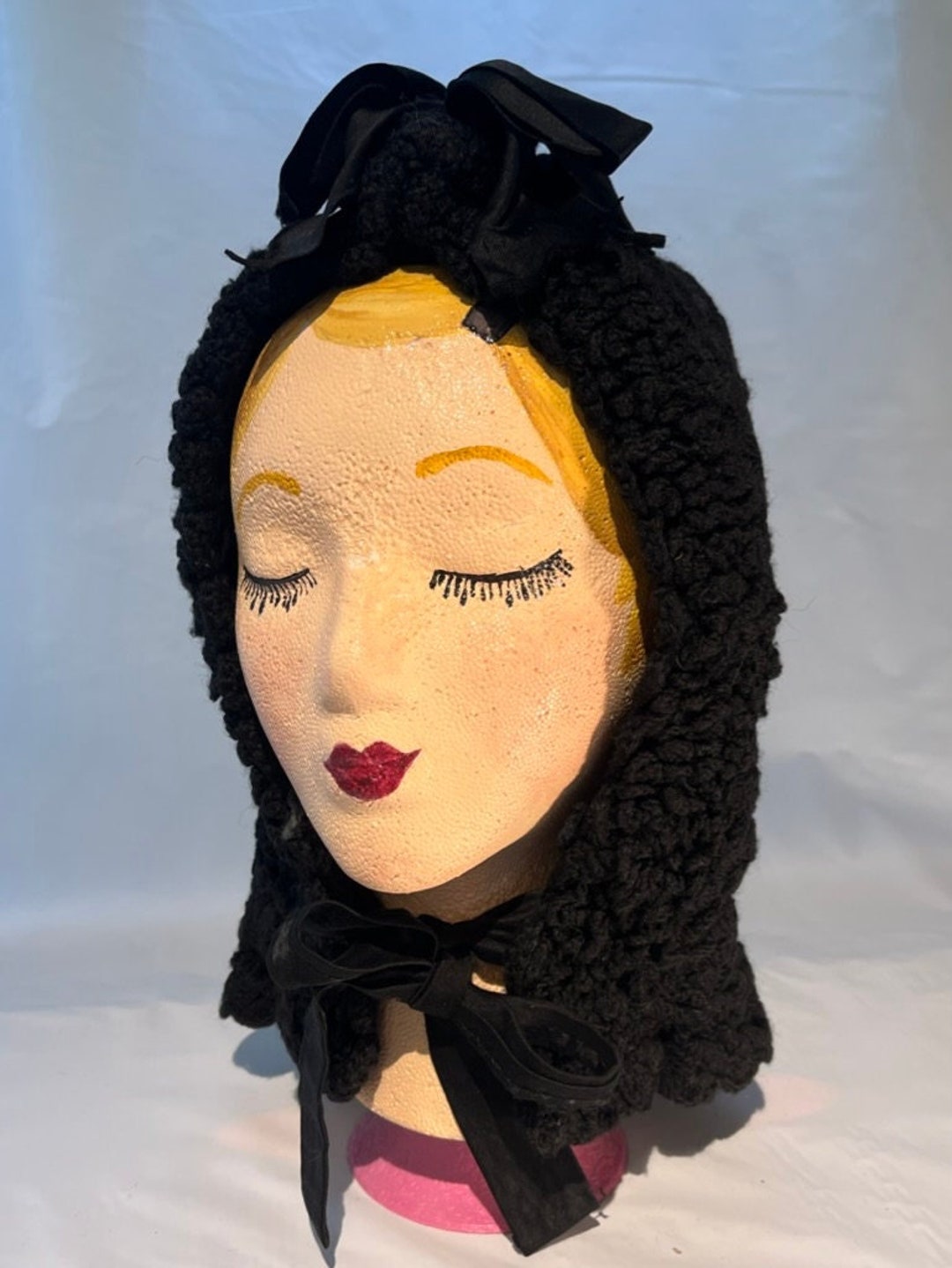Vintage Victorian Black Knit Wool Bonnet With Interwoven Ribbon and ...
