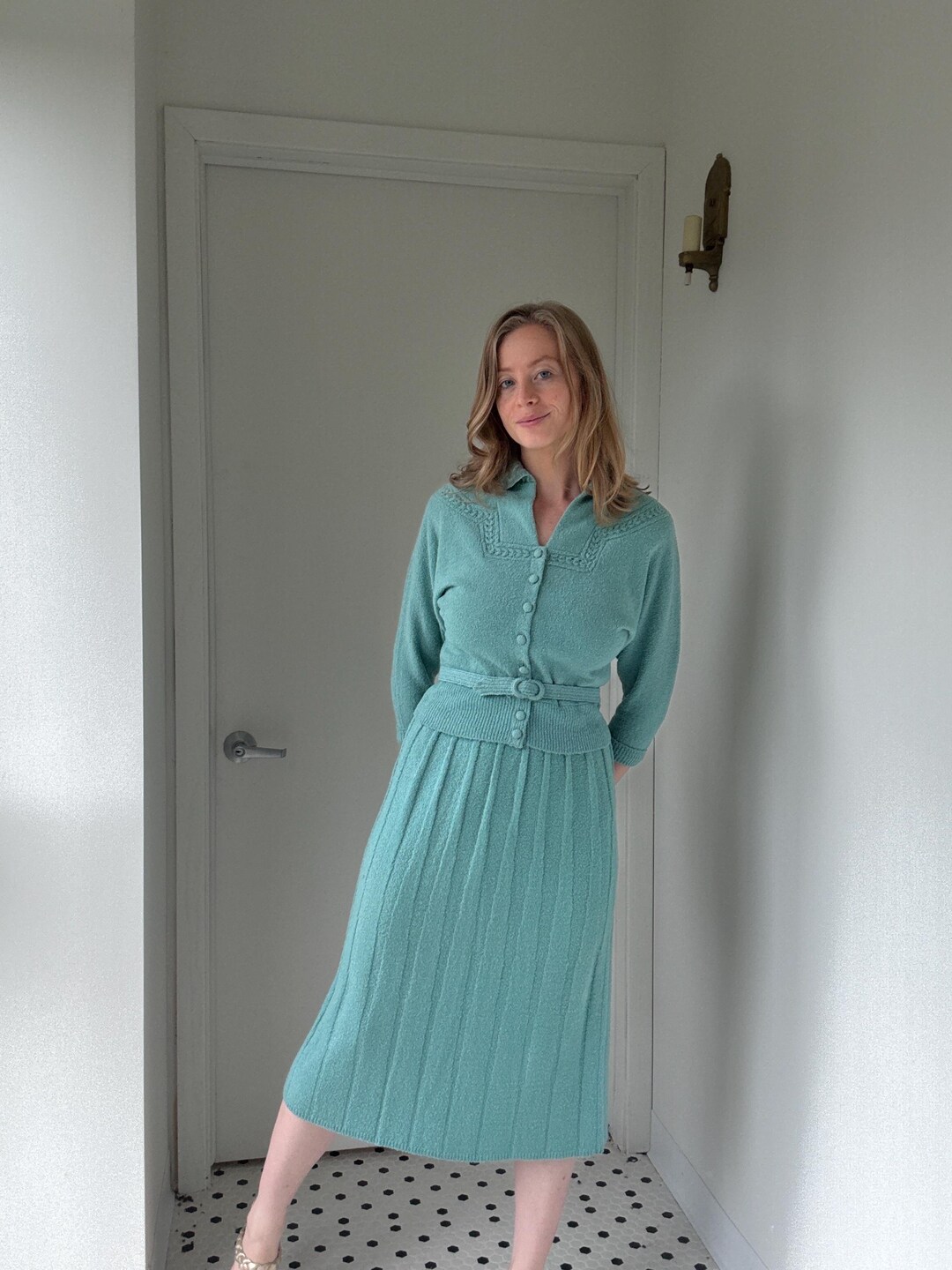 Vintage 1950’s Aqua Blue Wool Dress Set, Lofties by Lawrence Size Small ...