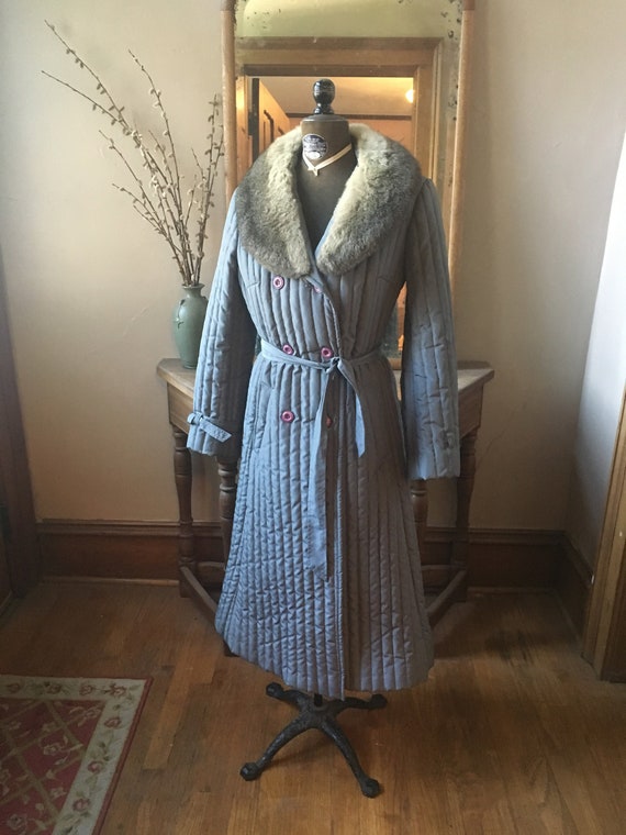 Vintage 1970's Light Blue Quilted Coat with Belt and … - Gem