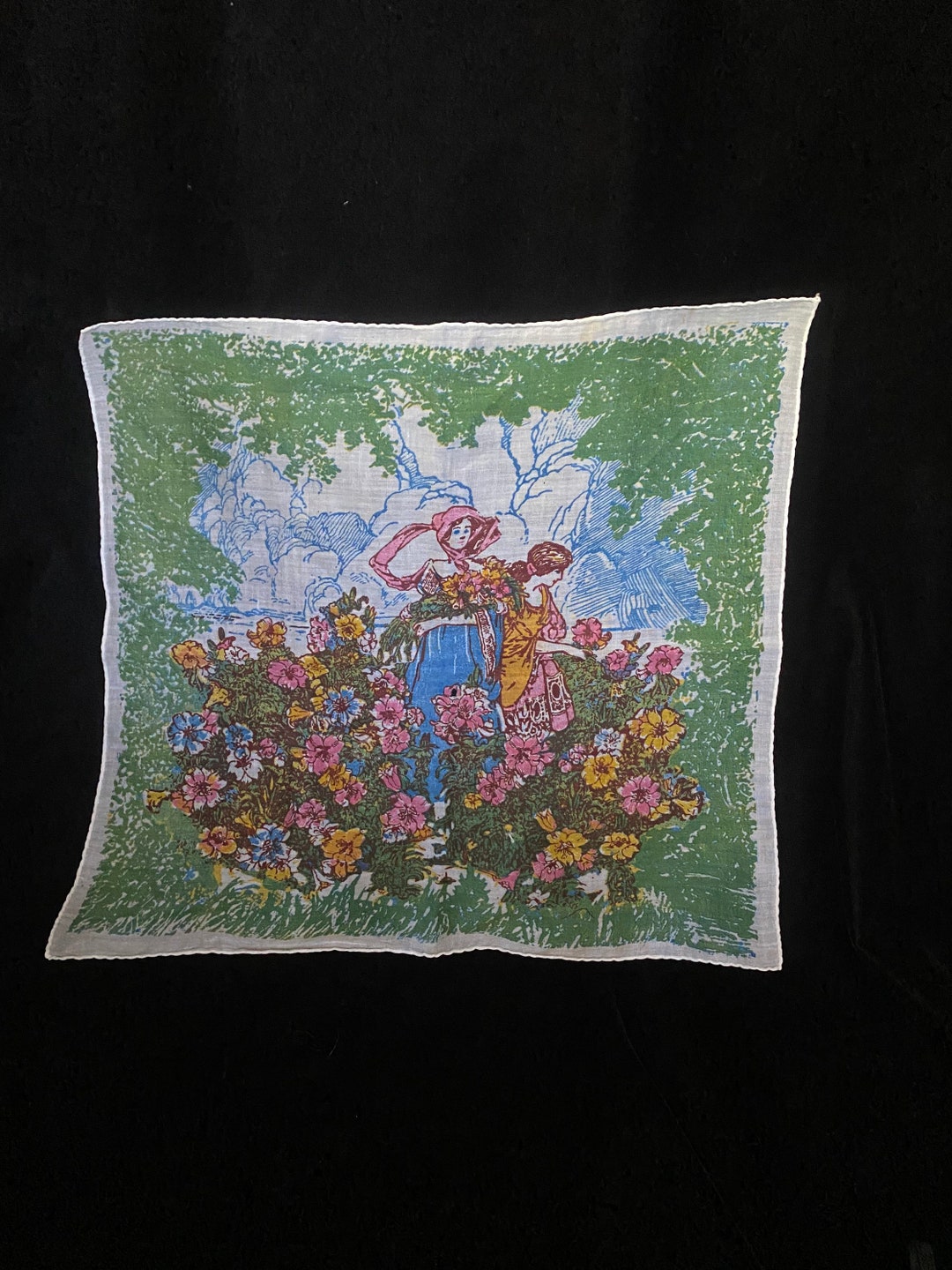 Vintage 1960’s Square Cotton Hanky Handkerchief With a Renaissance ...