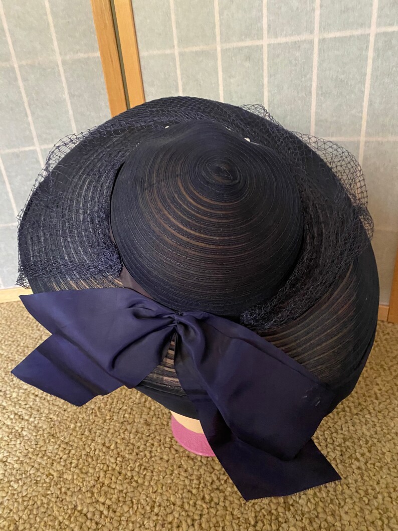 Vintage 1940’s Navy Blue Semi Sheer Wide Brim Formal Sun Hat With Face ...