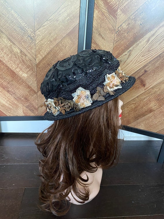 Antique large black structural hat with flowers and s… - Gem