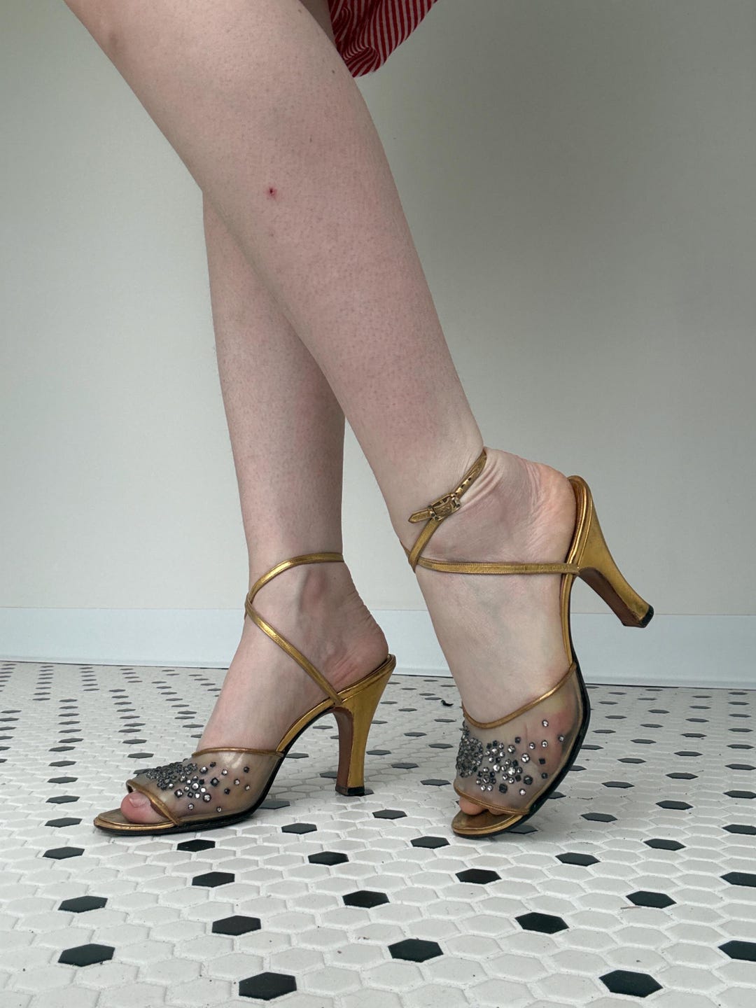 Vintage 1950s Gold Strappy High Heel Shoes With Rhinestones Size 7 7