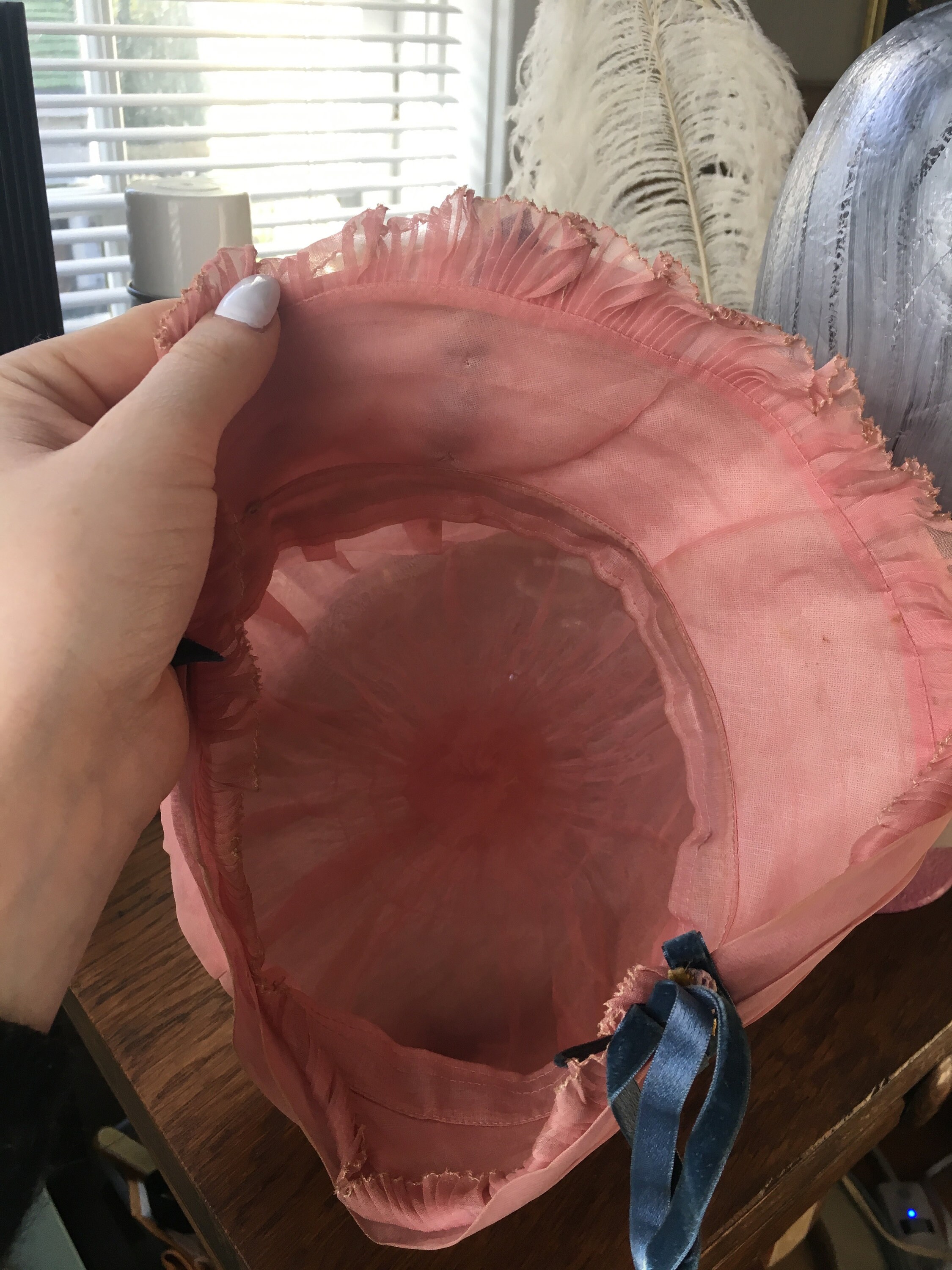 Vintage 1920 1930's Pink Sheer Bonnet Hat With Purple Velvet Bows and ...