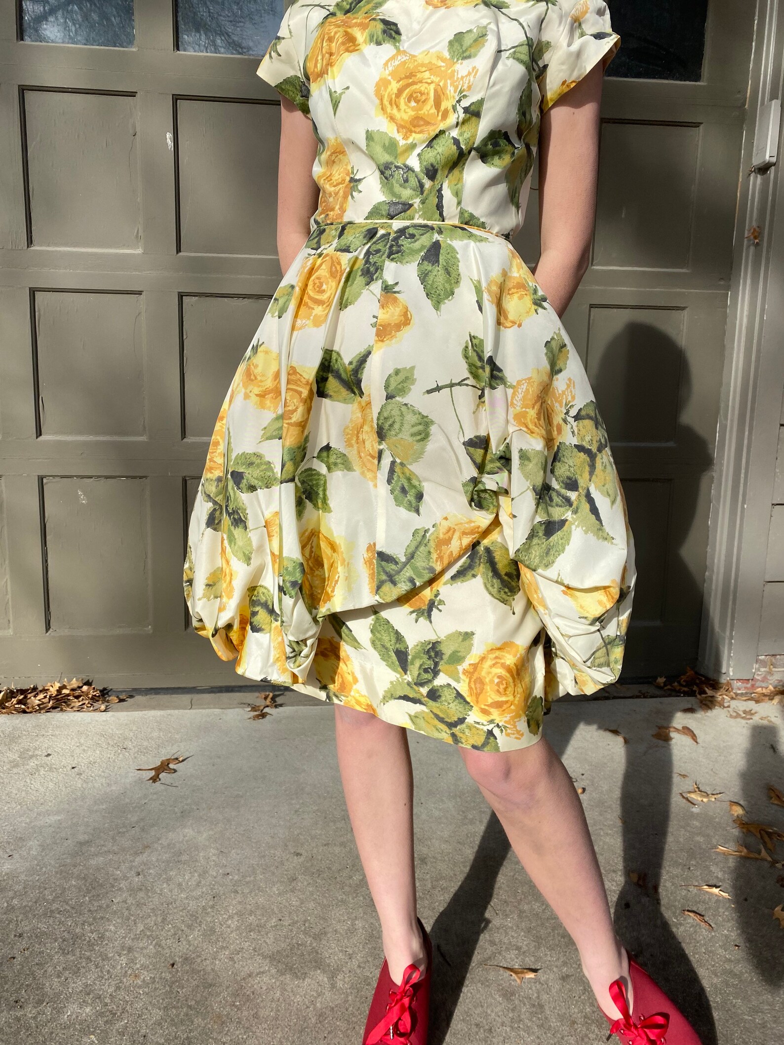 Vintage 1950s yellow and green rose pattern party dress with | Etsy
