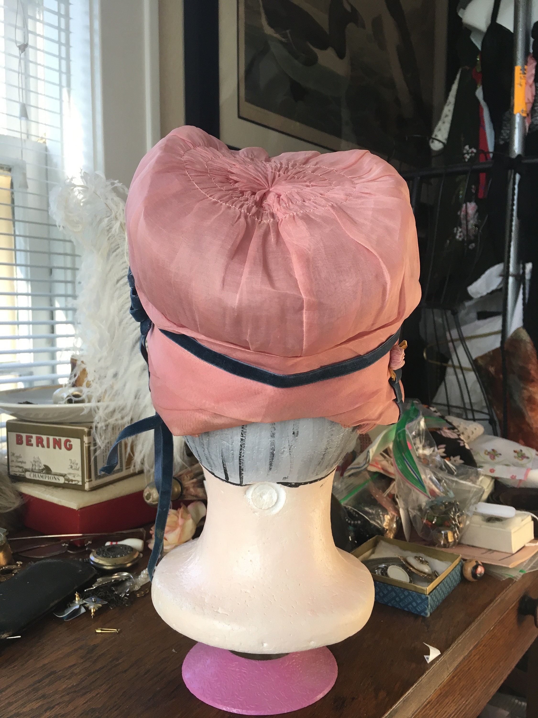 Vintage 1920 1930's Pink Sheer Bonnet Hat With Purple Velvet Bows and ...