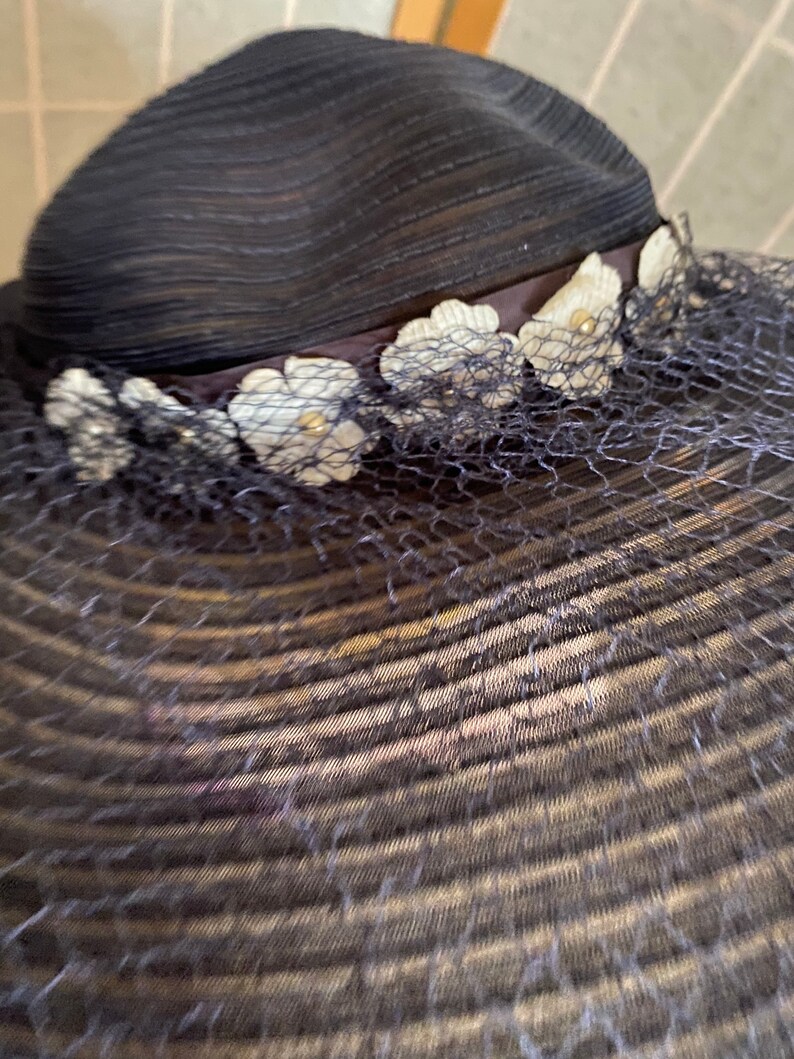 Vintage 1940’s Navy Blue Semi Sheer Wide Brim Formal Sun Hat With Face ...