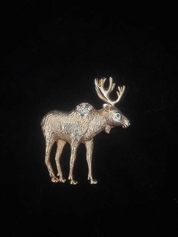 Vintage 1970’s gold moose brooch with rhinestones - Gem