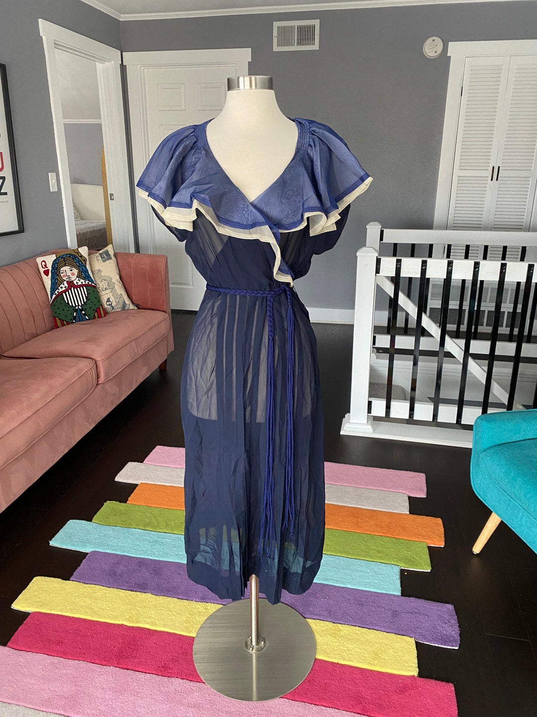 Vintage 1940’s Sheer Navy Blue and White Ruffle Dress, Size Small ...