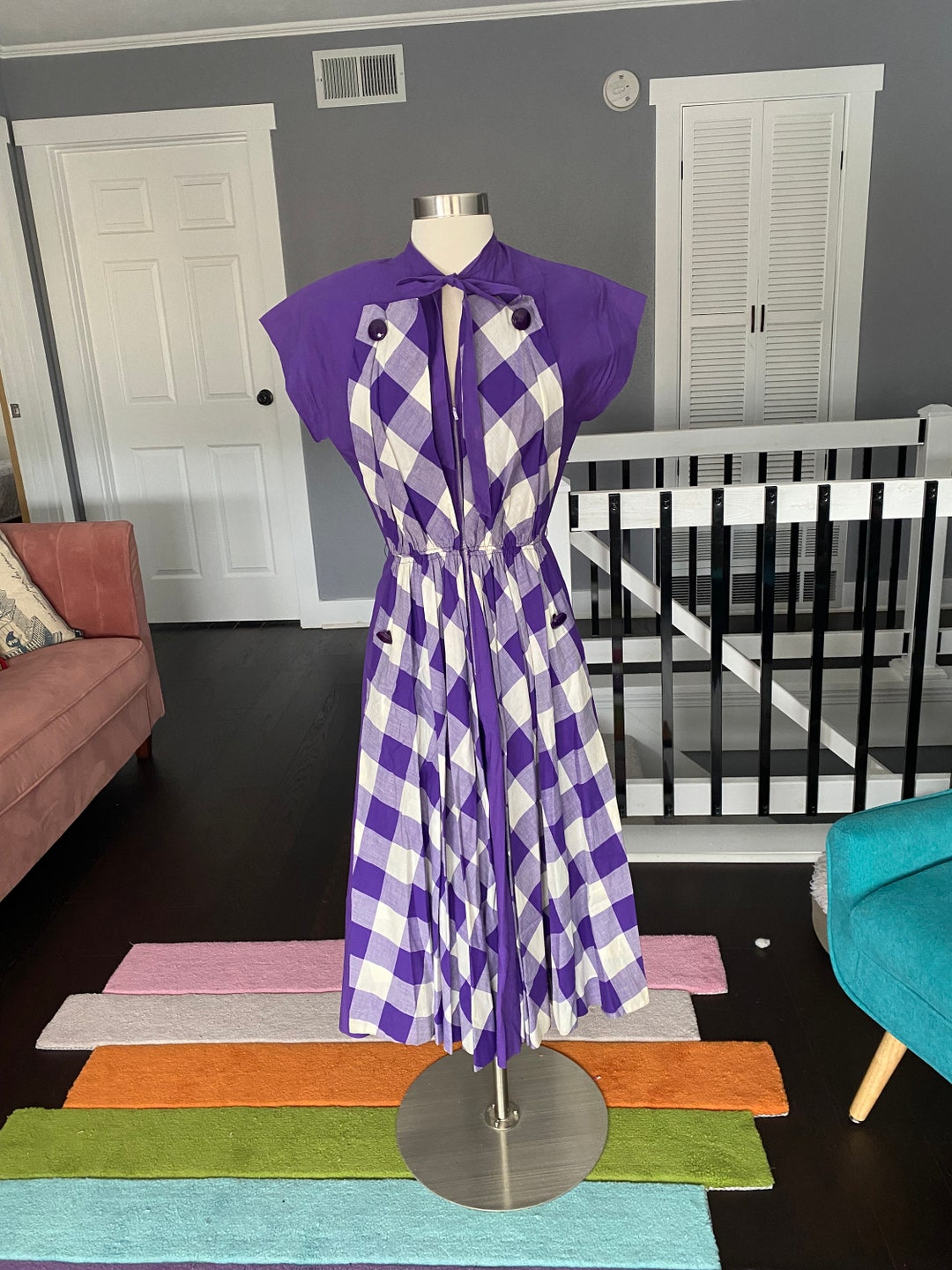 Vintage 1940’s 1950’s Purple and White Front Zip Gingham Dress, Size ...