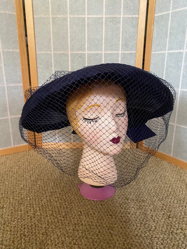 Vintage 1940’s Navy Blue Semi Sheer Wide Brim Formal Sun Hat With Face ...