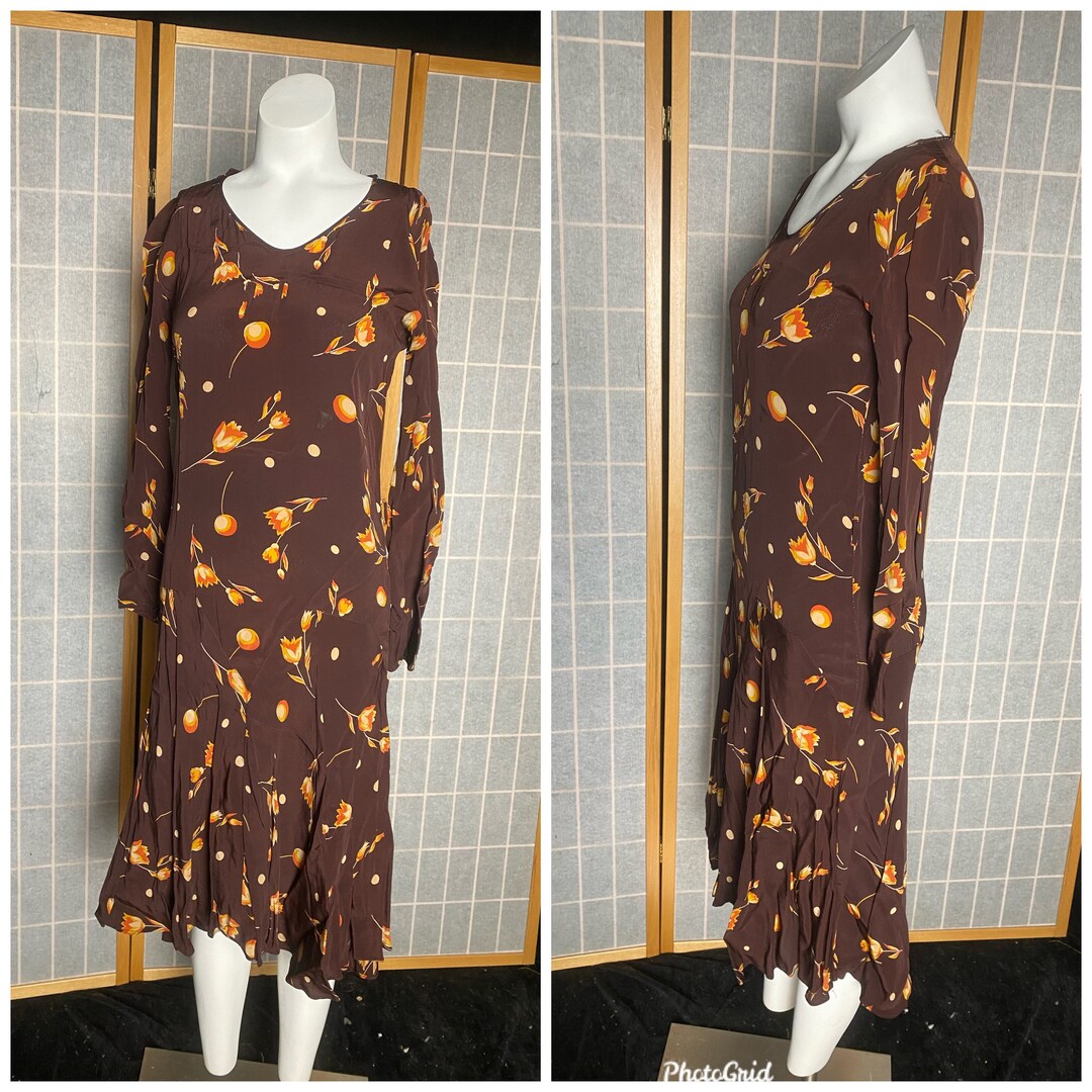 Vintage 1920’s Brown Flapper Dress With Orange and Yellow Floral Print ...