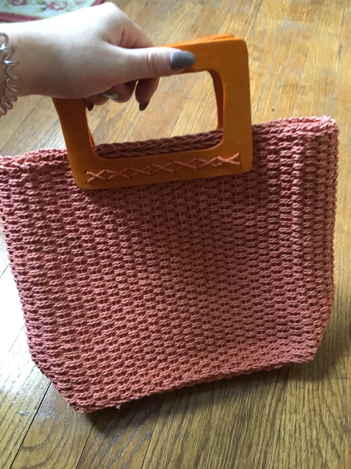 Vintage Orange Square Woven Purse With Wooden Handle - Etsy