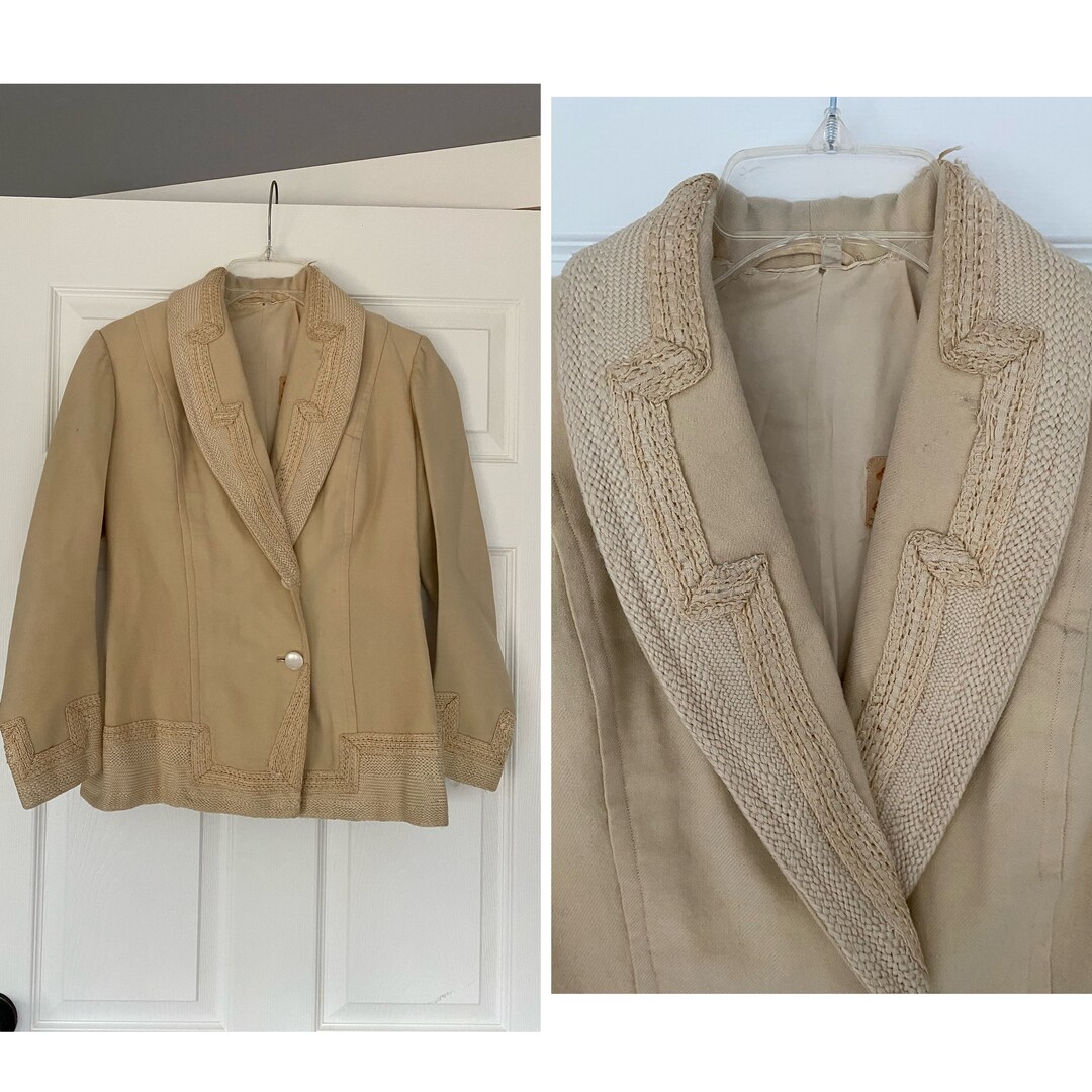 Antique 1900s Cream Wool Jacket With Woven Ribbon Details, Size Small ...