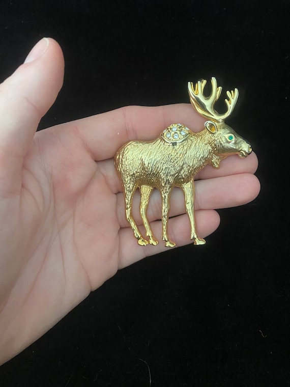Vintage 1970’s gold moose brooch with rhinestones - Gem
