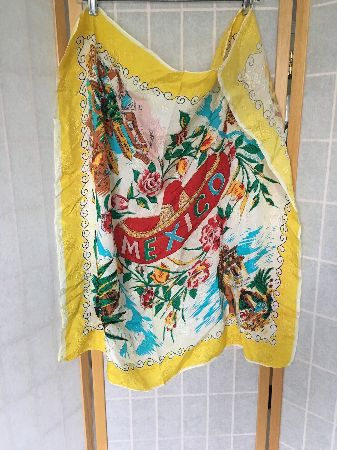 Vintage White and Yellow Square Mexico Souvenir Scarf - Etsy