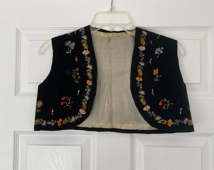 Vintage Antique 1900s Black Wool Floral Embroidered Kids Vest, Child ...