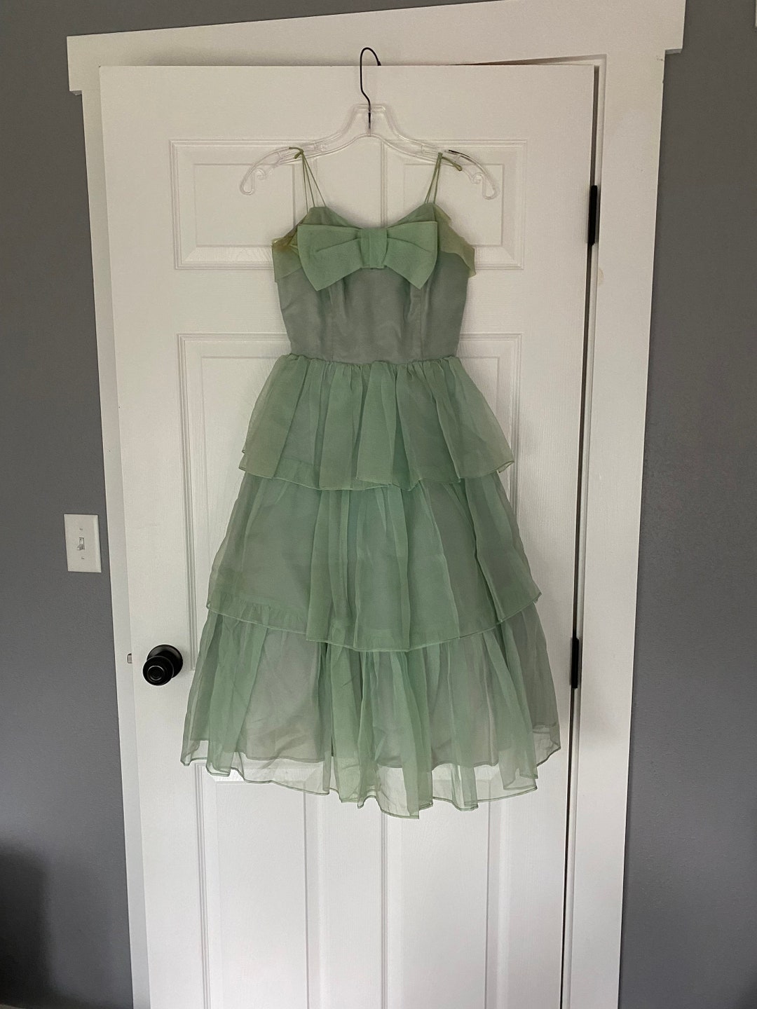 Vintage 1950’s Light Green Tiered Ruffle Spaghetti Strap Party Dress ...
