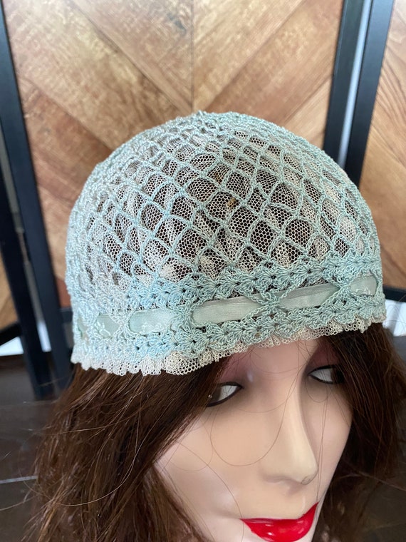 Vintage 1920’s light blue mesh sleeping cap, hair net… - Gem