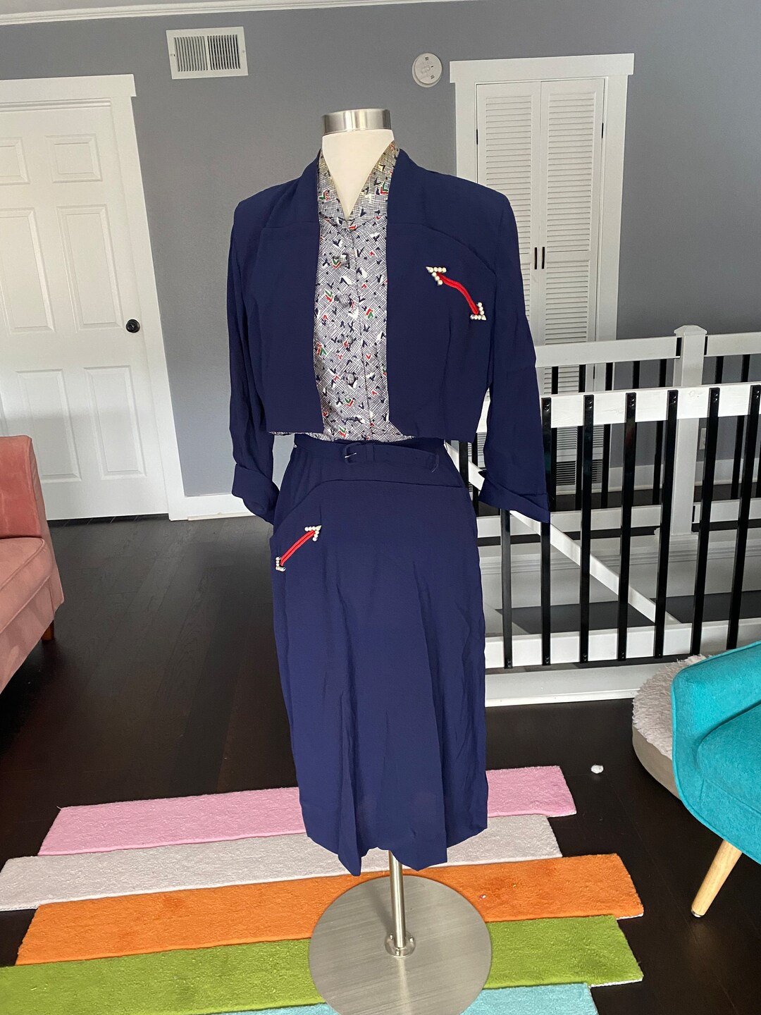 Vintage 1940s 1950s Navy Blue and Arrow Pattern Dress With Matching ...