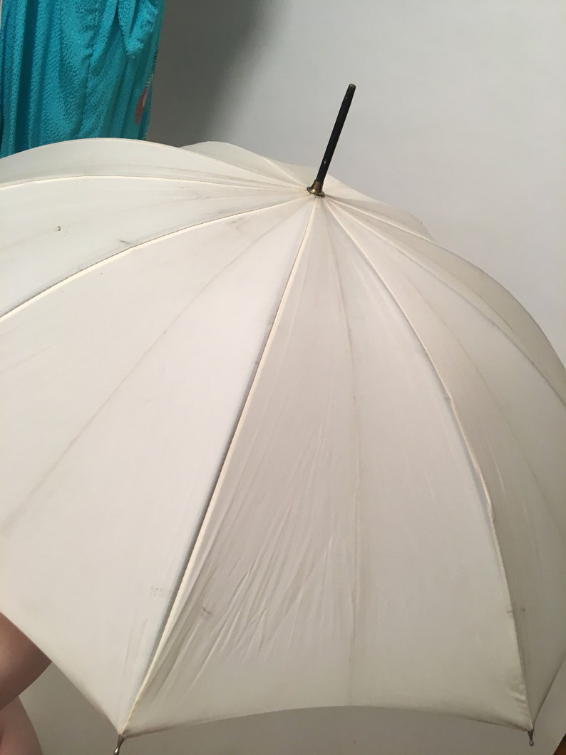 Vintage 1960's White Umbrella With Carved Brown Wooden - Etsy