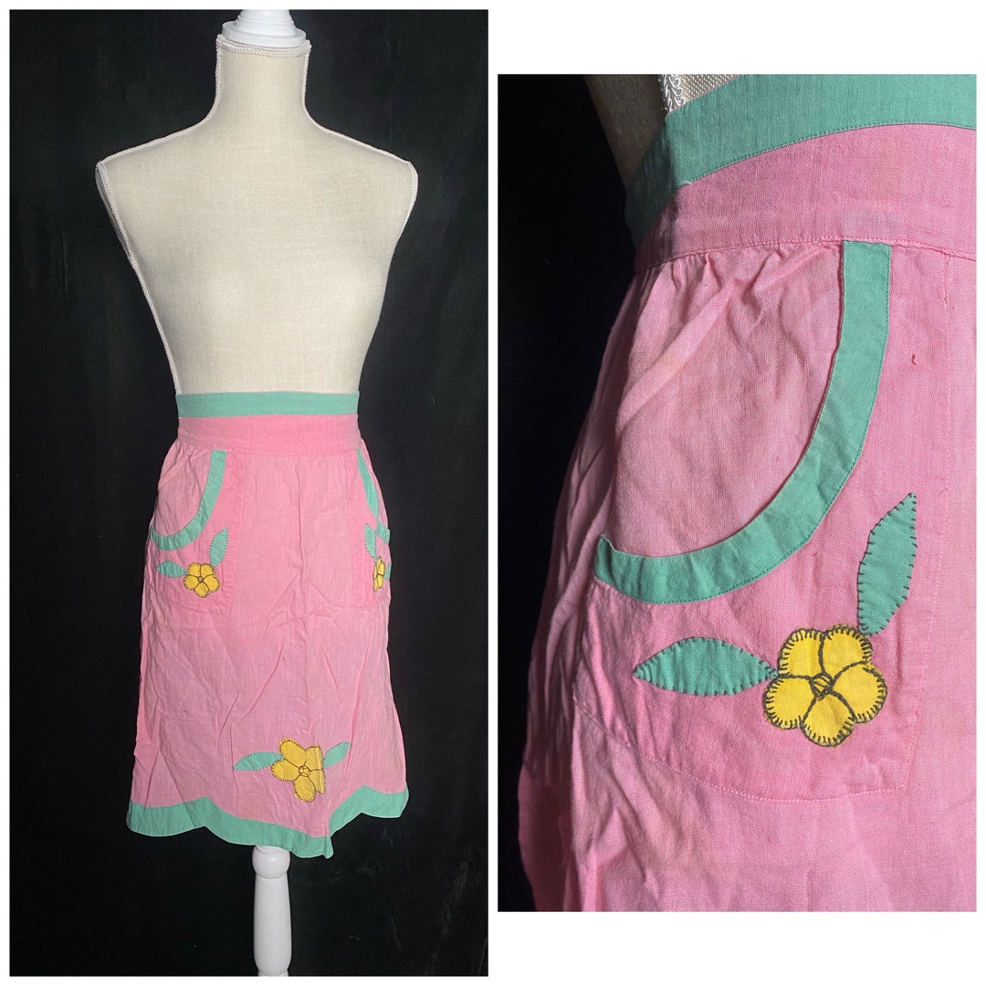 Vintage 1940’s Light Pink Waist Apron With Mint Green and Yellow Roses ...
