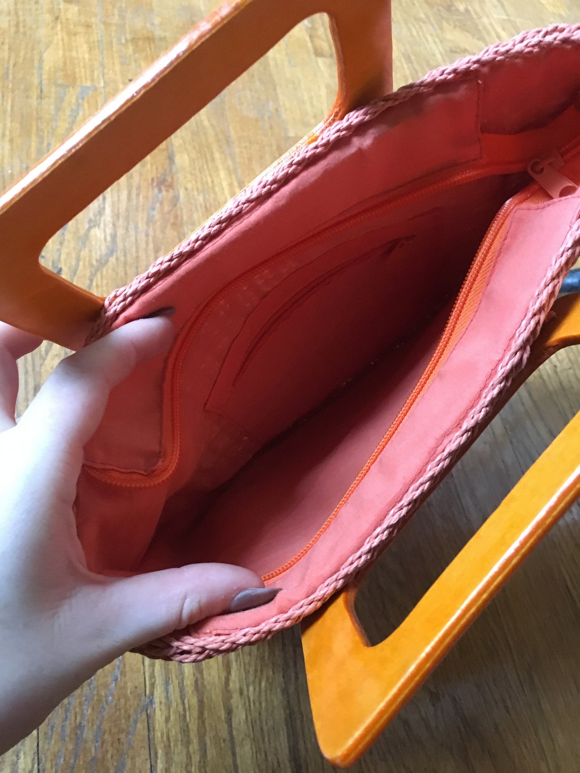Vintage Orange Square Woven Purse With Wooden Handle - Etsy