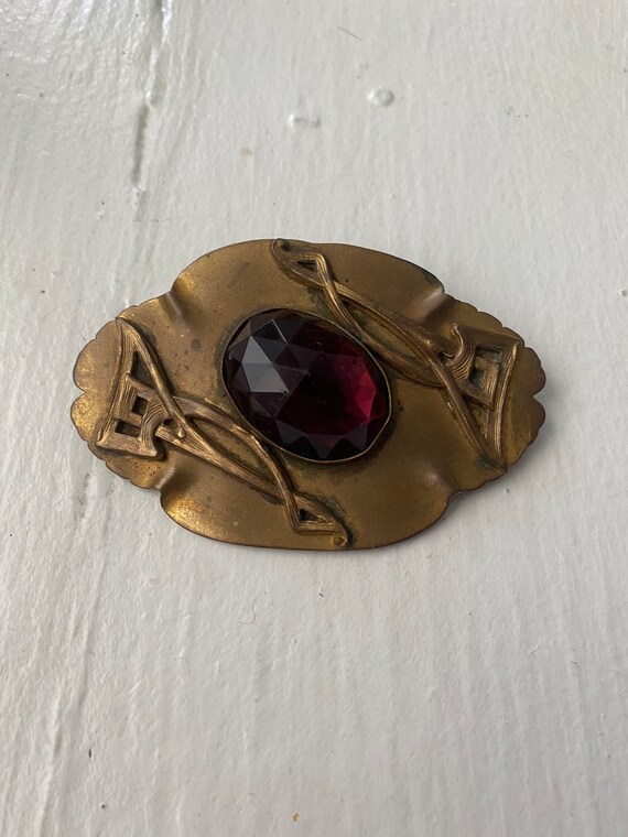 Vintage antique large brass brooch with purple glass … - Gem