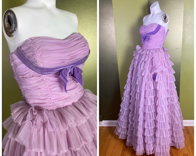 Vintage 1950’s Purple Strapless Ruffle Tulle Tiered Full Length Ball ...