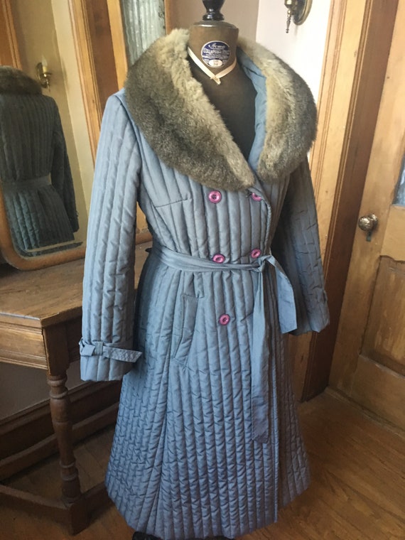Vintage 1970's Light Blue Quilted Coat with Belt and … - Gem
