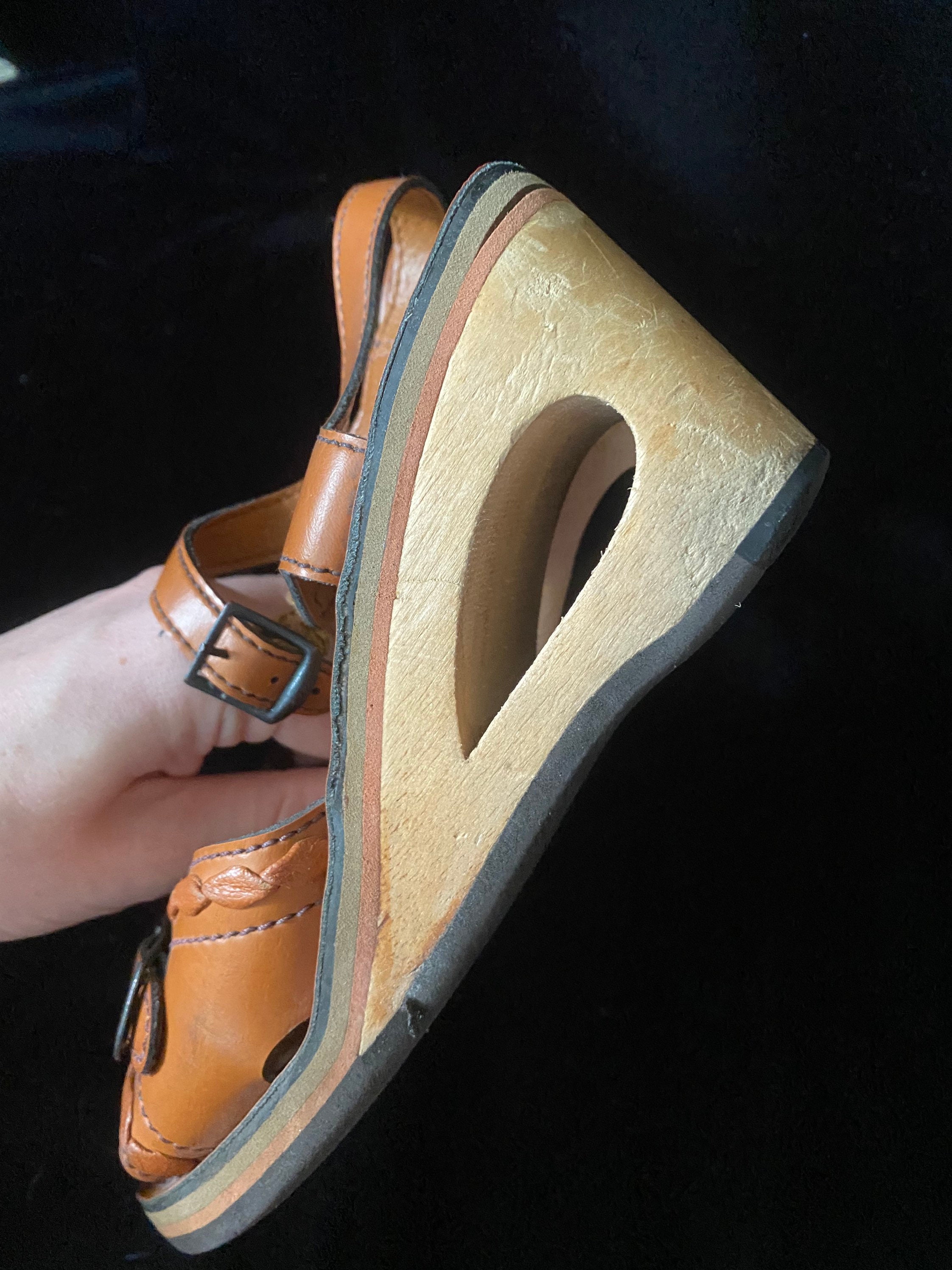 Vintage 1970’s Wooden Cut Out Wedge Sandals With Leather, Size 5 - Etsy